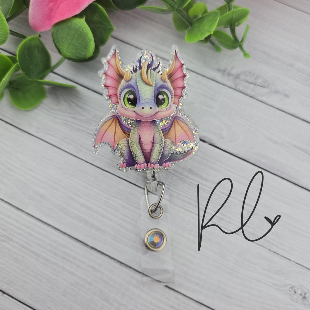 Glitter Badge Reel | Colorful Dragon Lanyard | Key Ring | ID Holder ...
