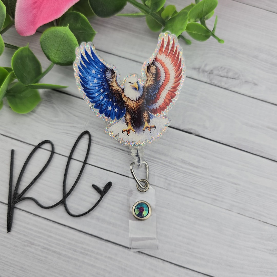 Glitter Badge Reel | Stars and Stripes Eagle Lanyard | ID Holder ...