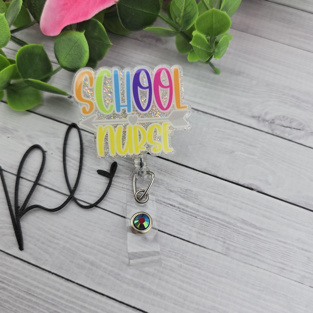 Glitter Badge Reel | Lanyard | Rainbow School Nurse | ID Holder ...