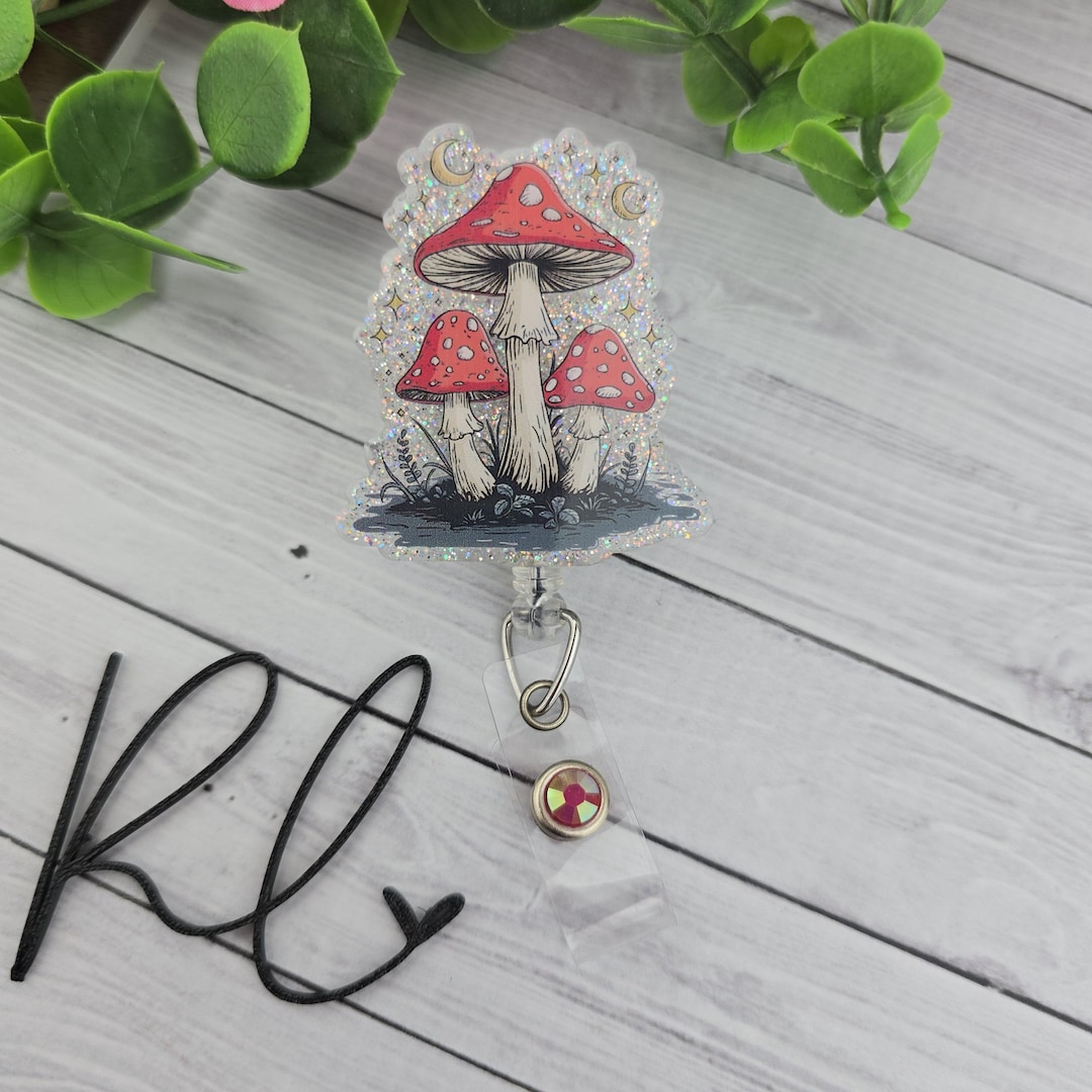Glitter Badge Reel | Lanyard | Vintage Mushrooms | ID Holder | Teacher ...