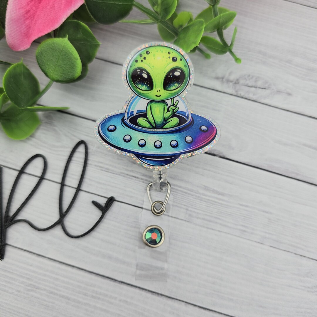 Glitter Badge Reel | Space Alien Lanyard | Key Ring | ID Holder ...