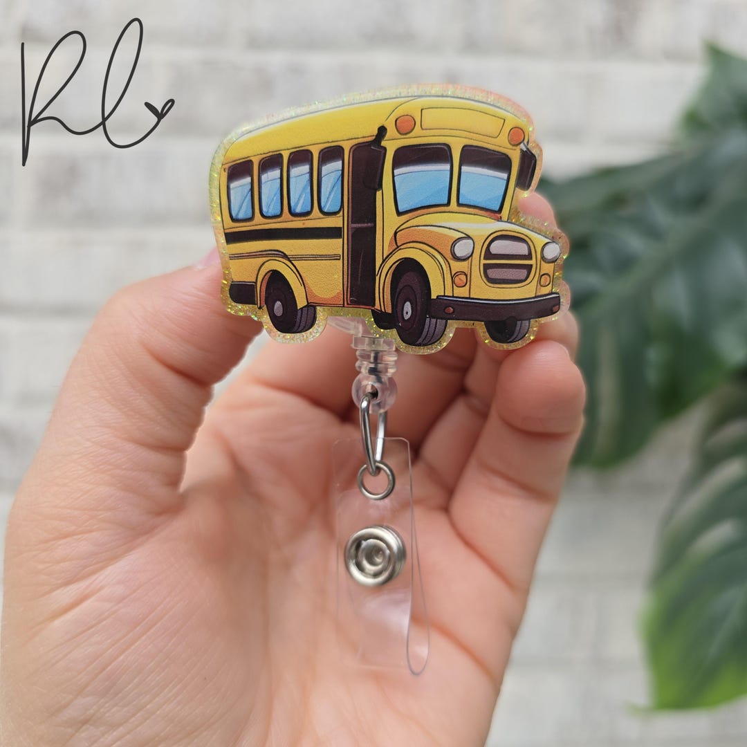 Glitter Badge Reel | School Bus Lanyard | Key Ring | ID Holder ...