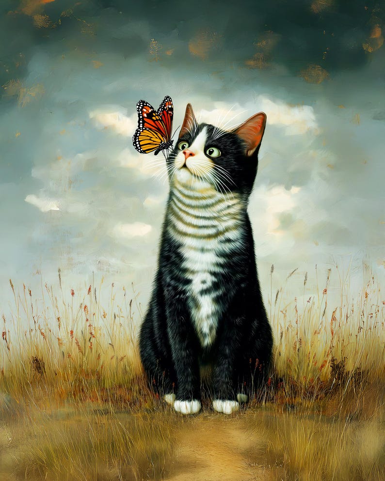 Tuxedo Cat and Monarch - Etsy