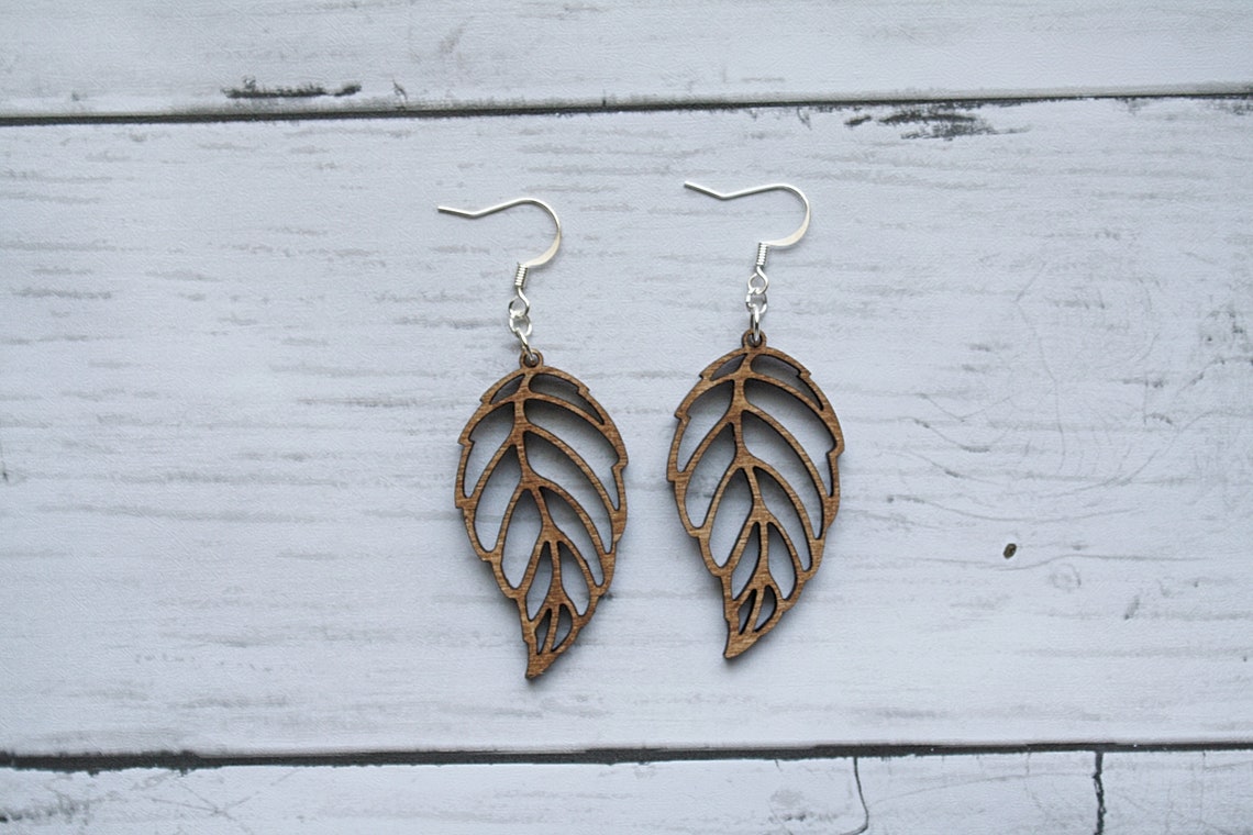 Laser Cut Wood Leaf Earrings Stained Leaf Earrings Curved Etsy