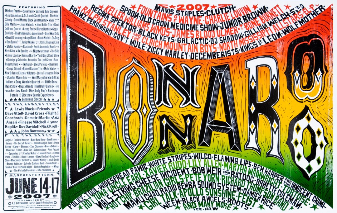 BONNAROO 2007 Hand Printed Woodblock Poster - Rainbow - Etsy