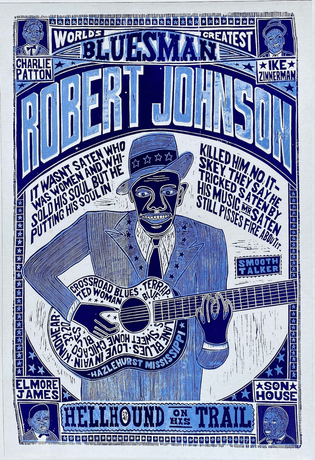 ROBERT JOHNSON World's Greatest Bluesman Handprinted Woodblock Poster ...