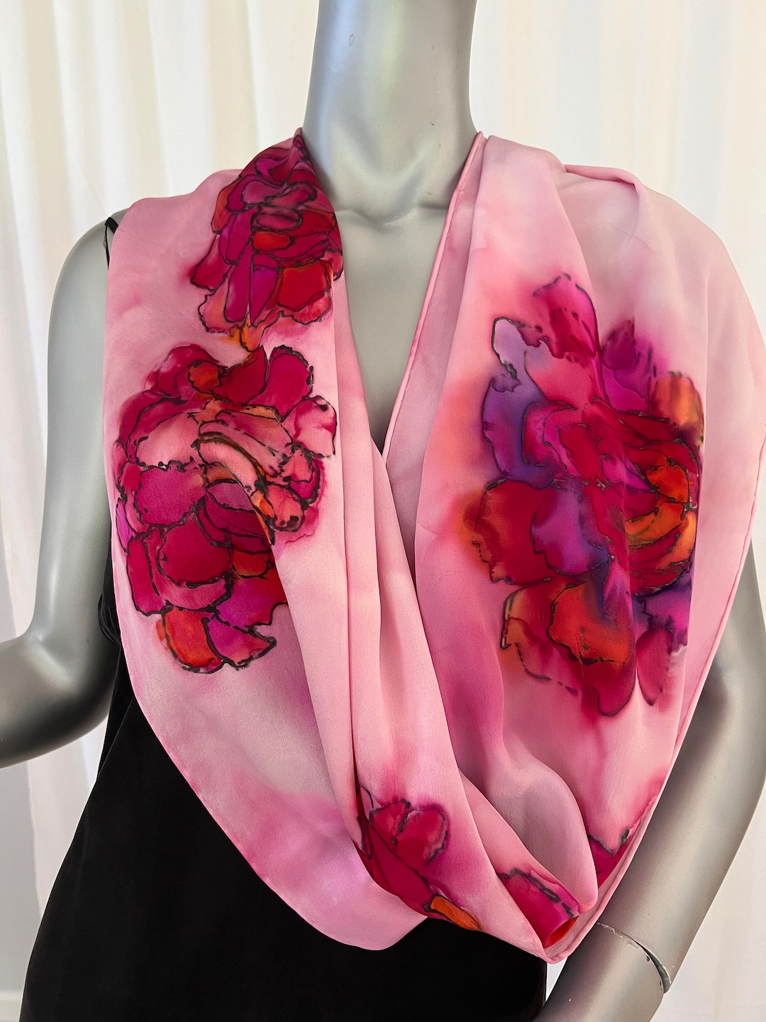 Long Silk Scarf, Original Pink Peony Floral Design, Hand Painted - Etsy