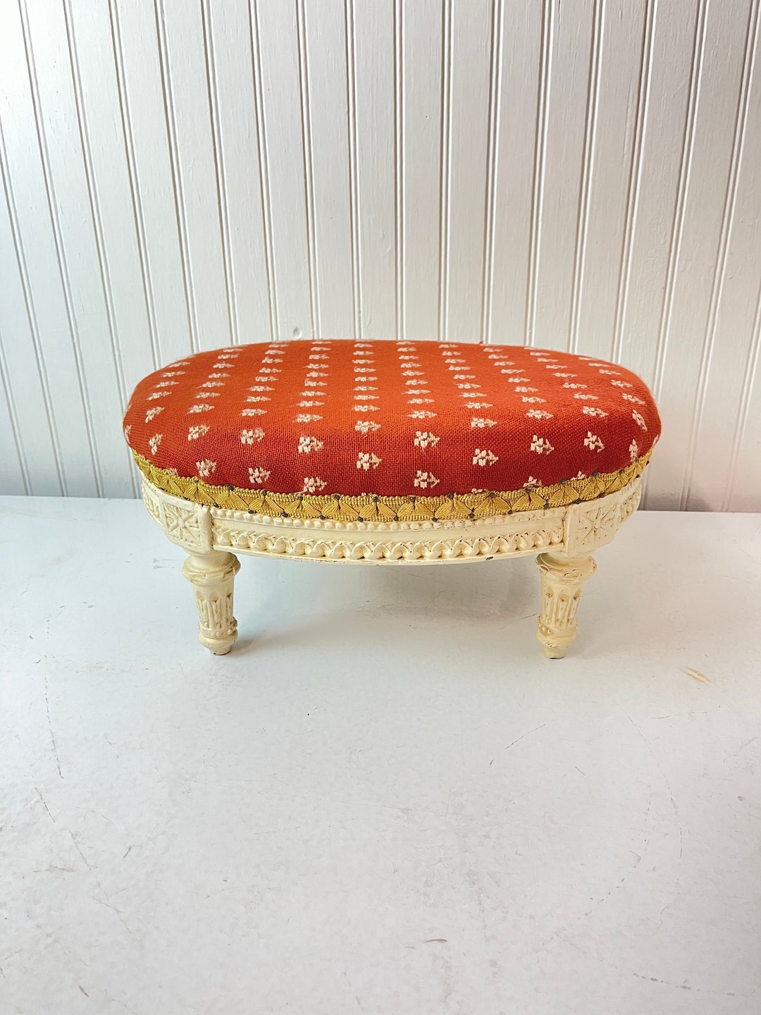 Vintage Footstool, Vintage Ornate Ottoman, Upholstered Foot Stool ...