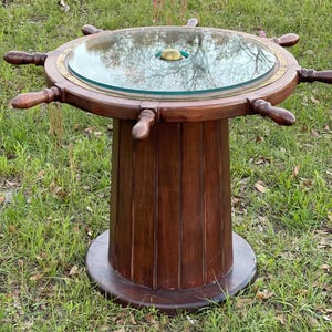 Vintage Ships Wheel Table, Nautical Side Table, Ship Steering Wheel ...