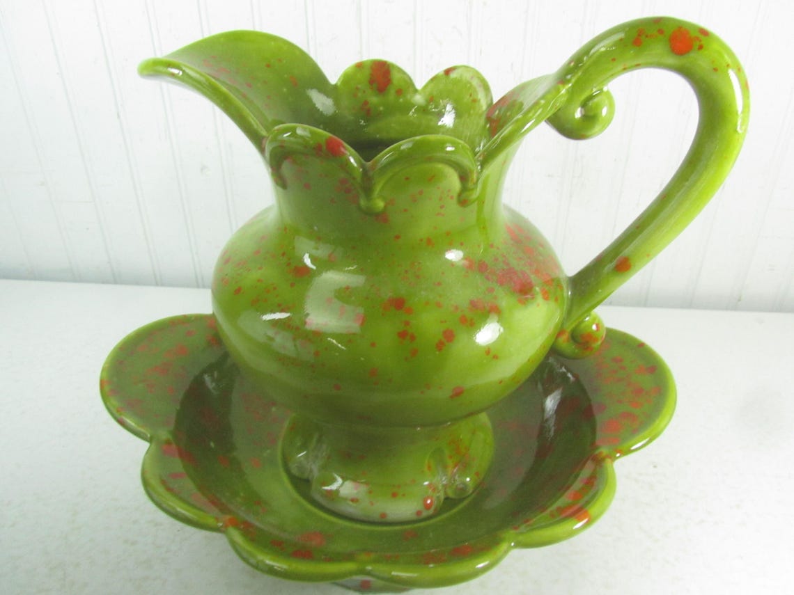 Pitcher and Wash Bowl Green water Pitcher Shabby Chic - Etsy