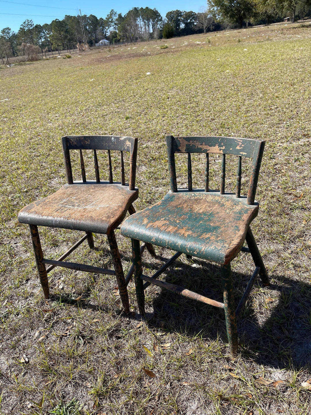 Antique Short Back Chairs, Primitive Chairs, Pair of Wood Chairs, Half ...
