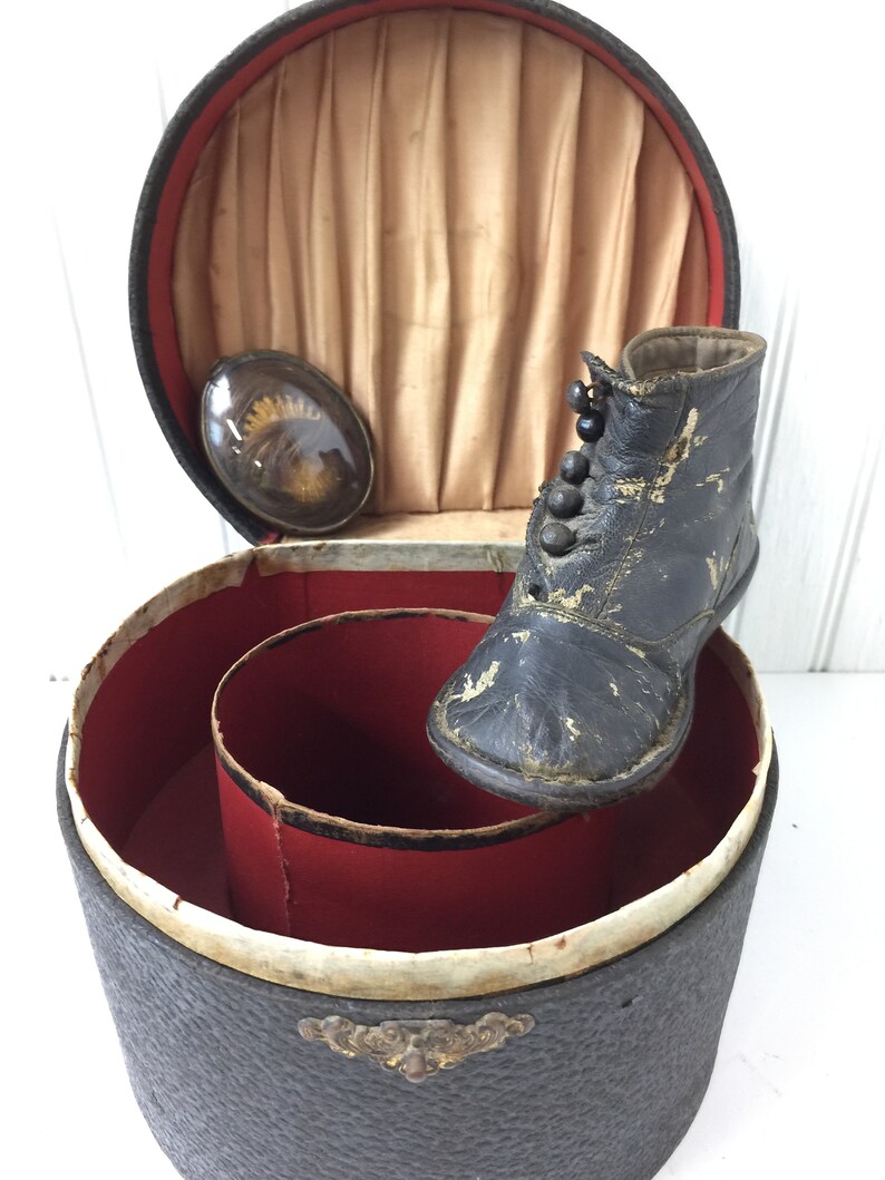 Victorian Hat Box, Victorian Mourning Hair Pendant, Antique Baby Shoe ...