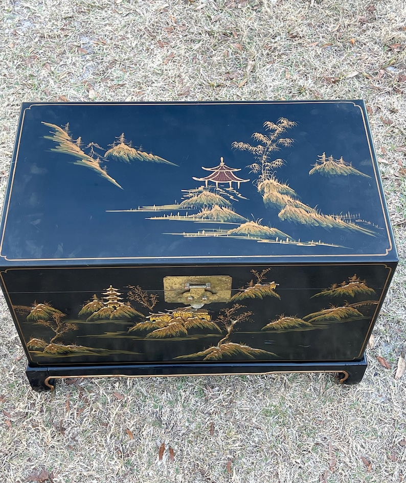Oriental Chinoiserie Black Lacquer and Gold Pagoda Garden Box, Ming Leg ...