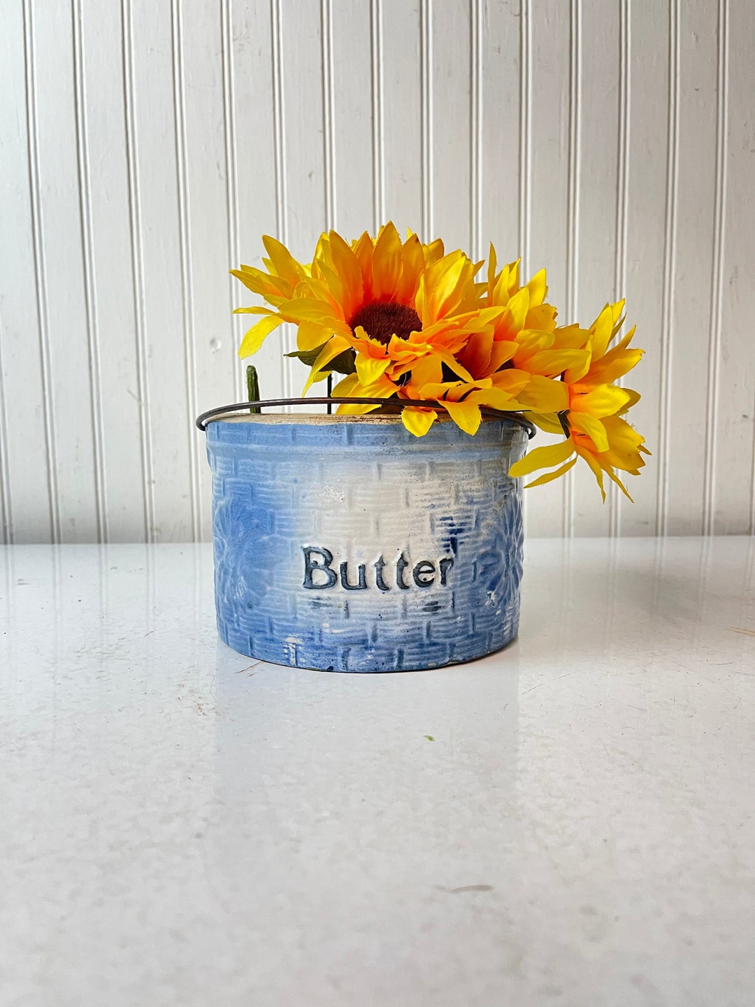Vintage Butter Crock, Blue Pottery Crock, Basket Weave Pottery ...