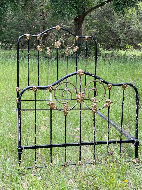 Antique Bed Twin Iron Bed Farmhouse Bedroom Black and Brass Metal Furniture Victorian Decor French Farmhouse Decor Fixer Upper Guest Etsy