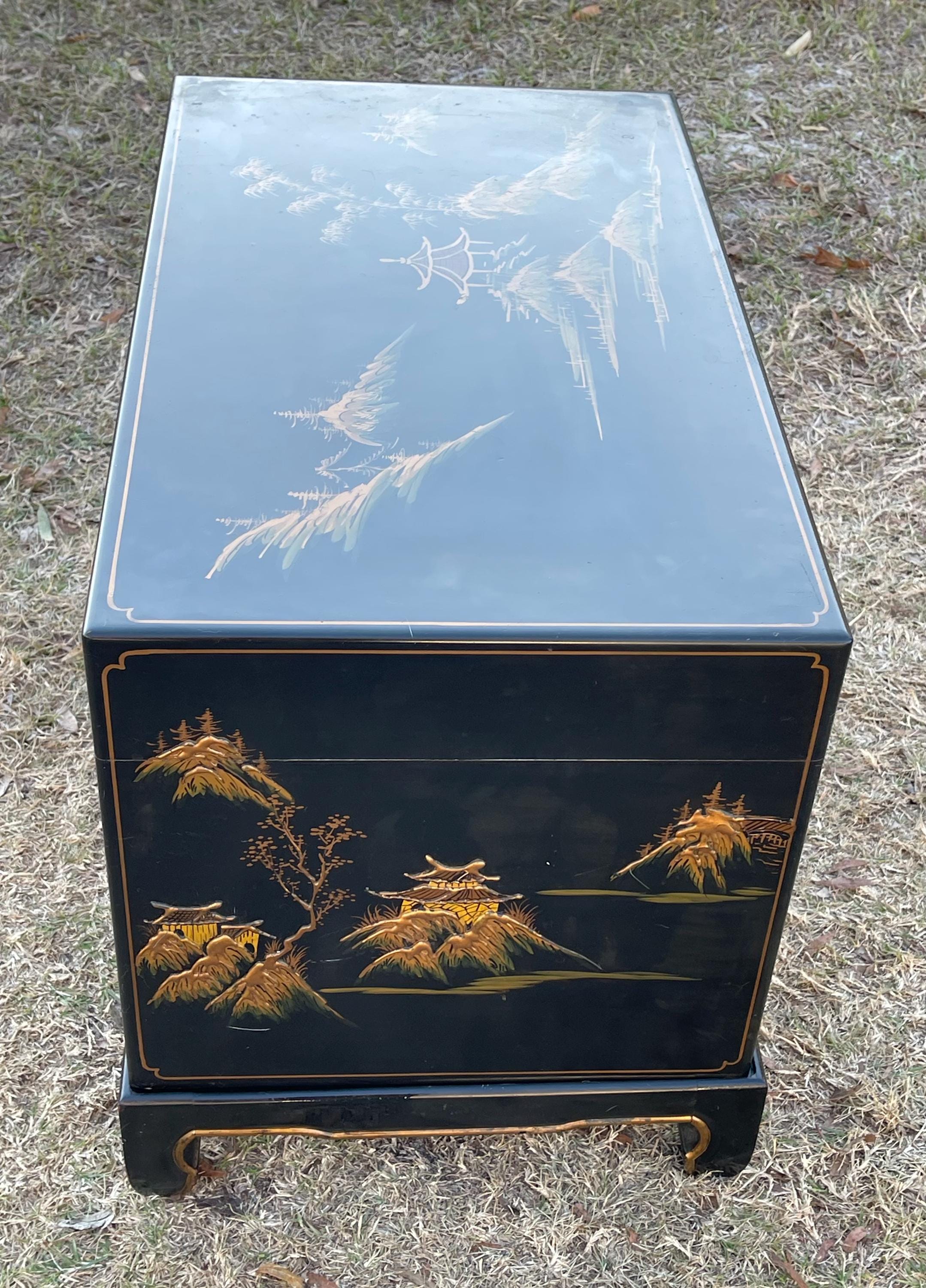 Oriental Chinoiserie Black Lacquer and Gold Pagoda Garden Box, Ming Leg ...
