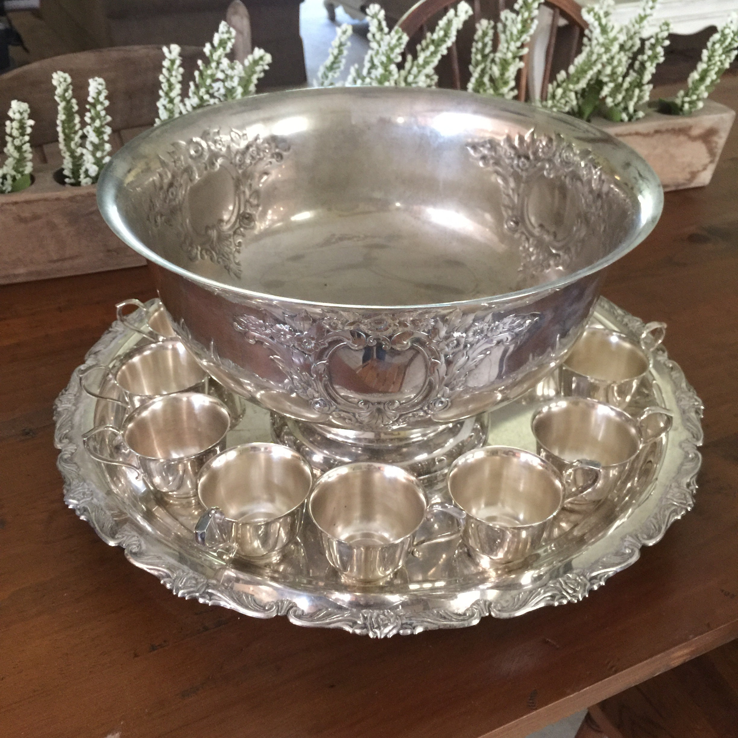 Silver Punch Bowl And Cups