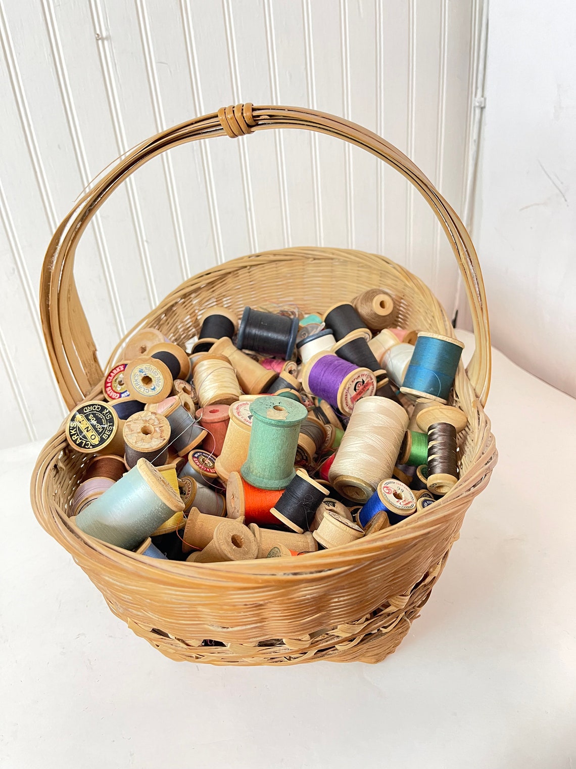Vintage Sewing Thread Basket Full of Spools of Thread Wood - Etsy