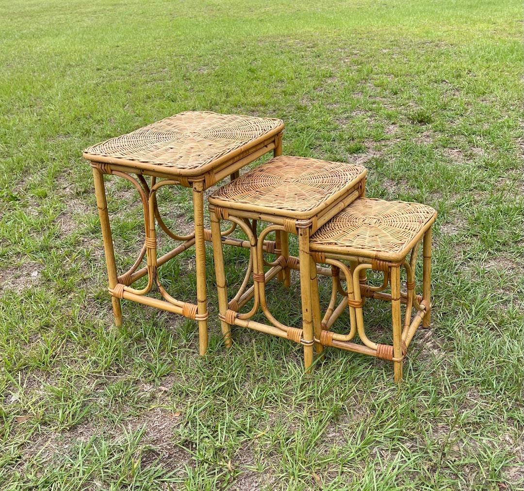 Vintage Nesting Tables, Stack Tables, End Table, Rattan Table, Boho ...
