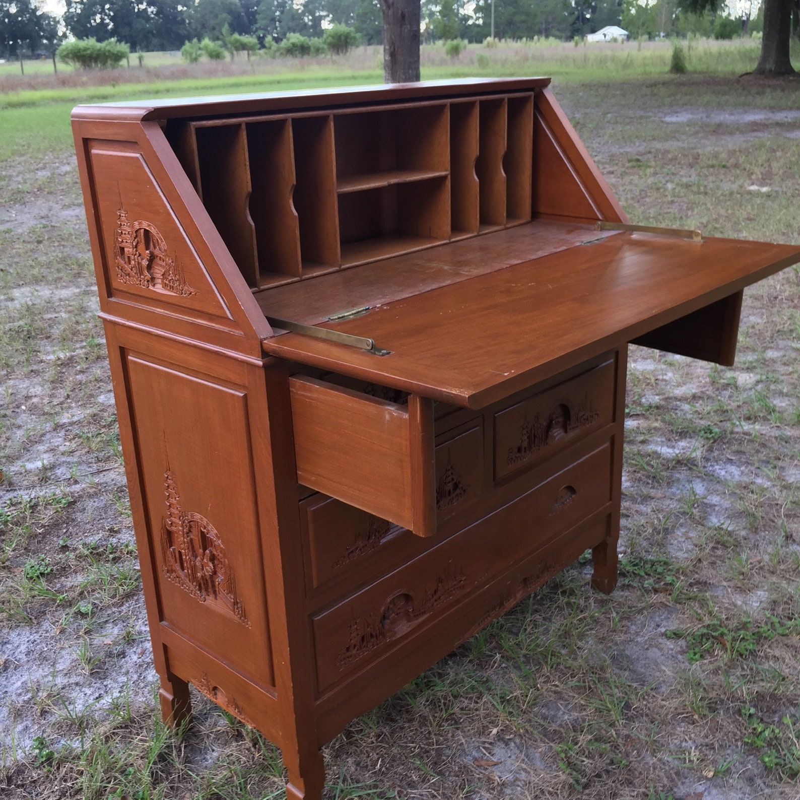 Vintage Secretary Desk, Oriental Design, Carved Wood, Slant Top Desk ...