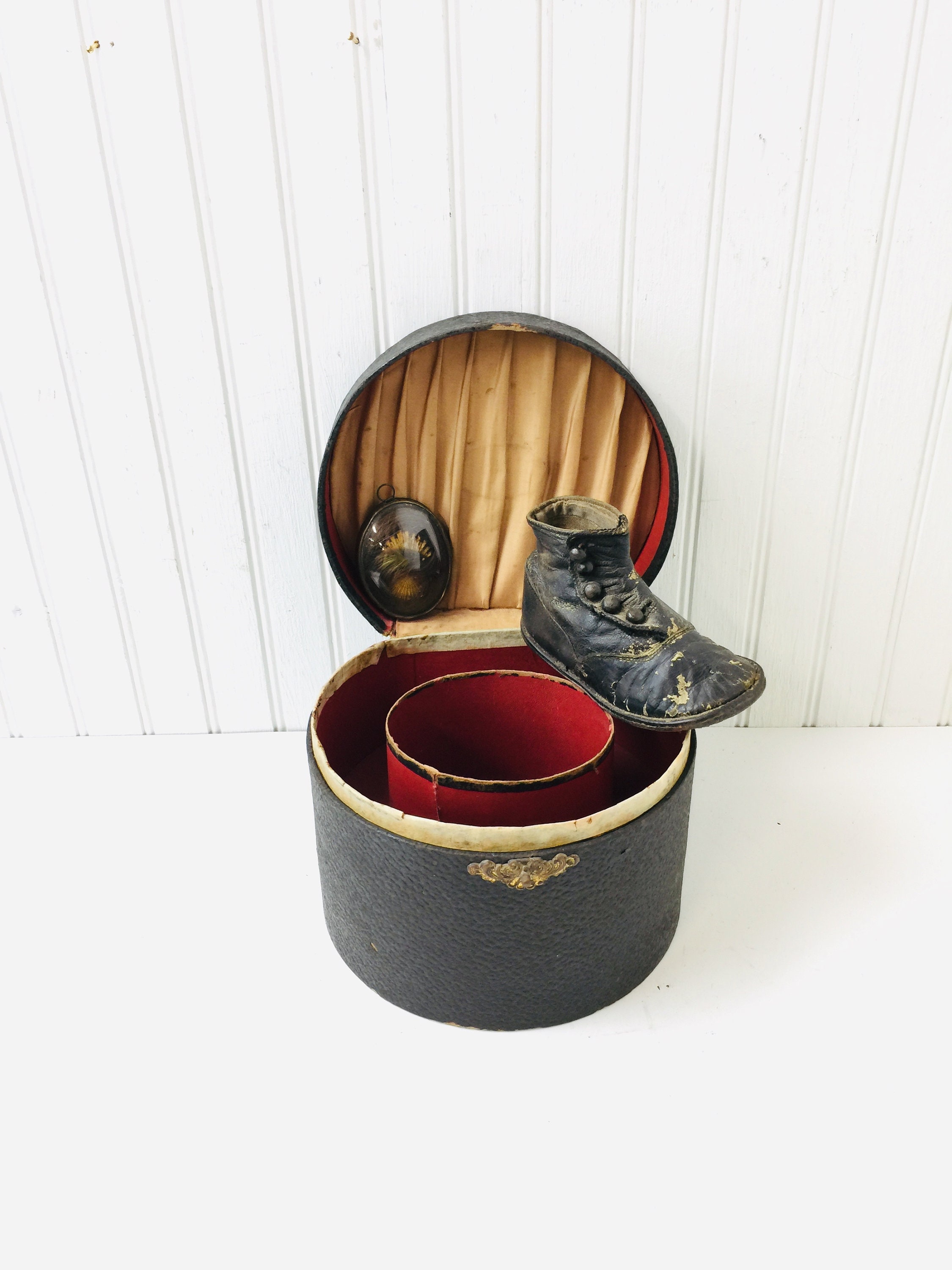 Victorian Hat Box, Victorian Mourning Hair Pendant, Antique Baby Shoe ...