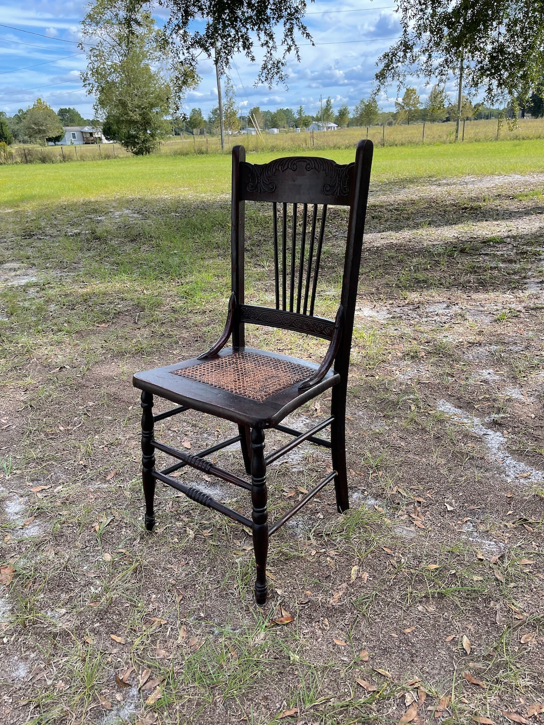 Press Back Chair Antique Wood Chair Antique Furniture Dark Wood Cane Chair Dinning Chair Cane Seat Chair Spindle Back Side Chair Etsy