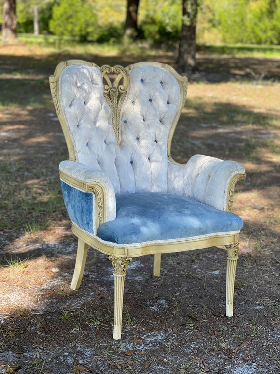 Vintage Chair Wood Chair Furniture Upholstered Heart Chair Blue Velvet louis XVI Chair Occasional Chair Parlor Chair Bedroom Chair Etsy