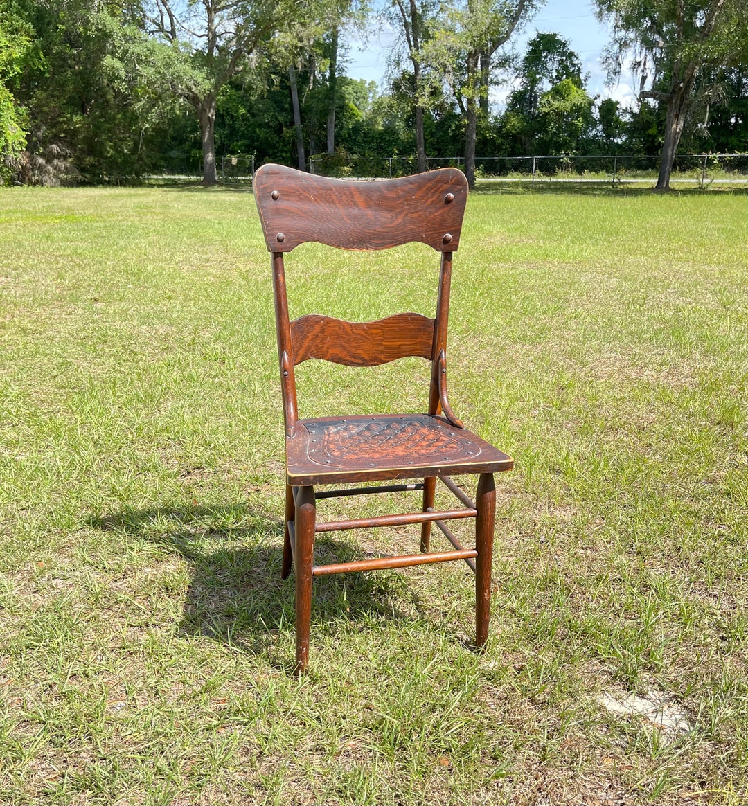Antique Tiger Oak Chair, Leather Seat Chair, Furniture, Wood Chair ...