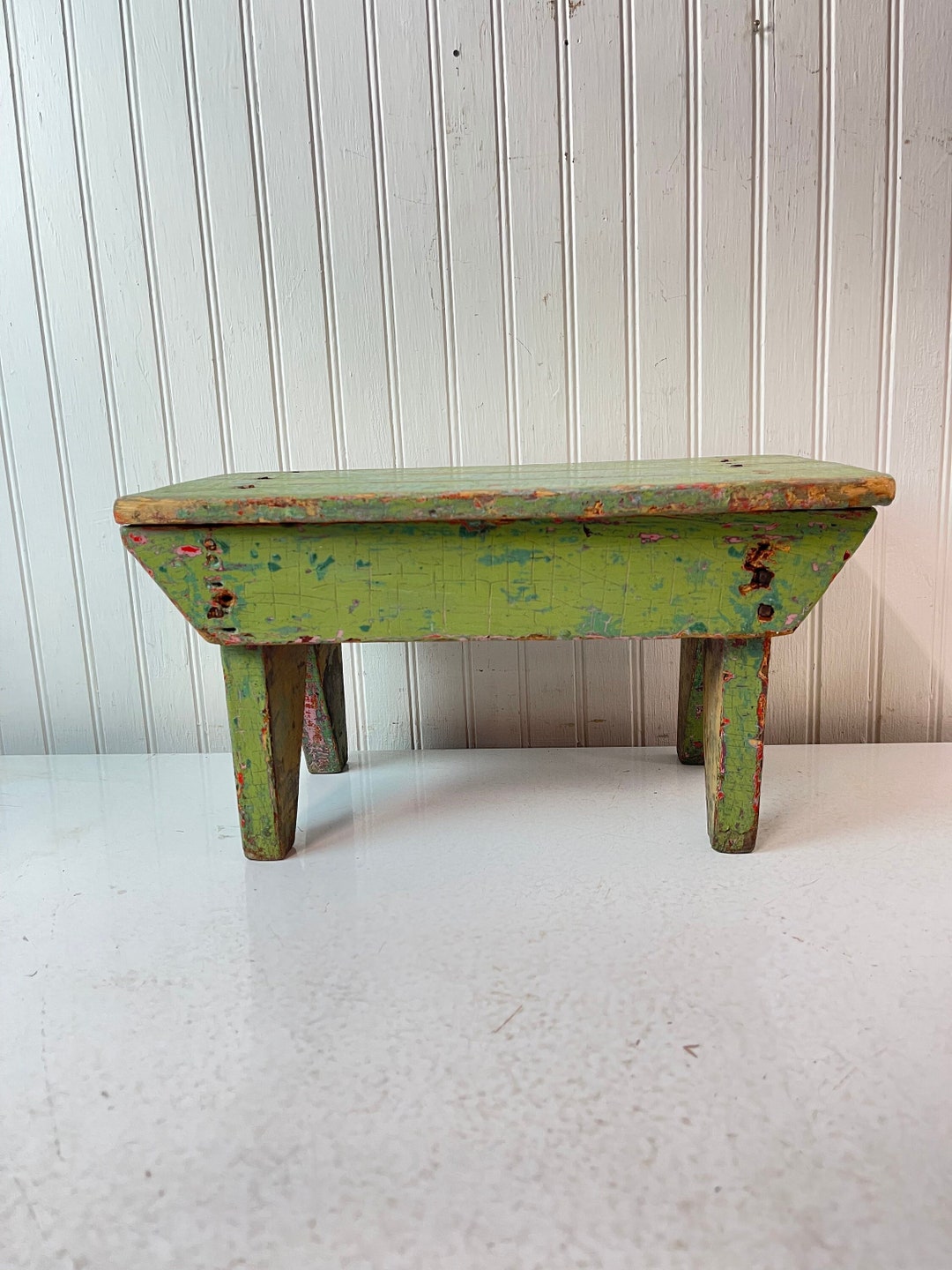 Vintage Wood Stool, Foot Stool, Step Stool, Green Footstool, Mud Room ...