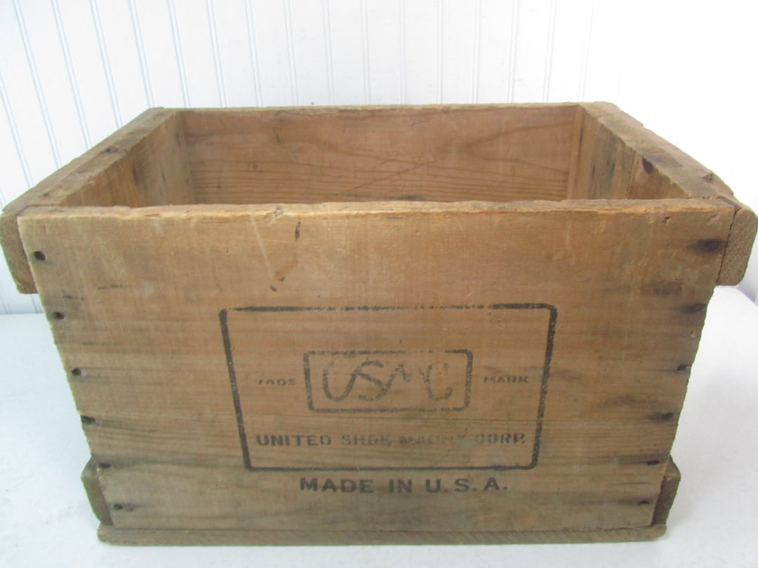 Wood Crate, USMC United Shoe Mach. Corp., Wood Box, Vintage Crate ...