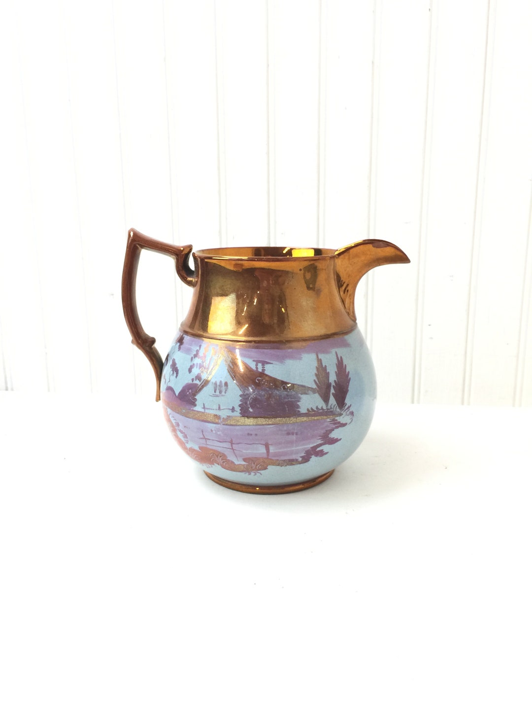 CERAMIC PITCHER, Copper Colored, Lilac Painted Pitcher, Vintage Copper ...