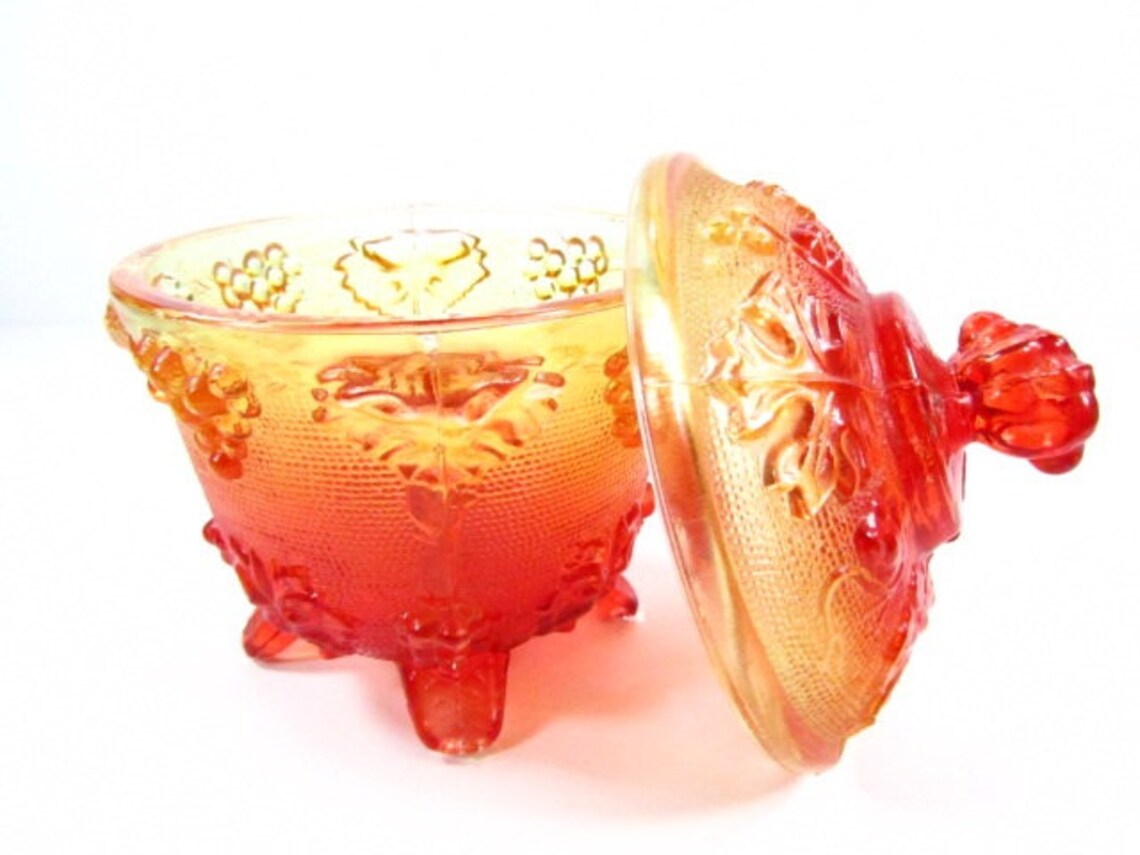 Goofus Glass Glass, Candy Dish, Crystal, Cut Glass, Orange, Red, Glass ...