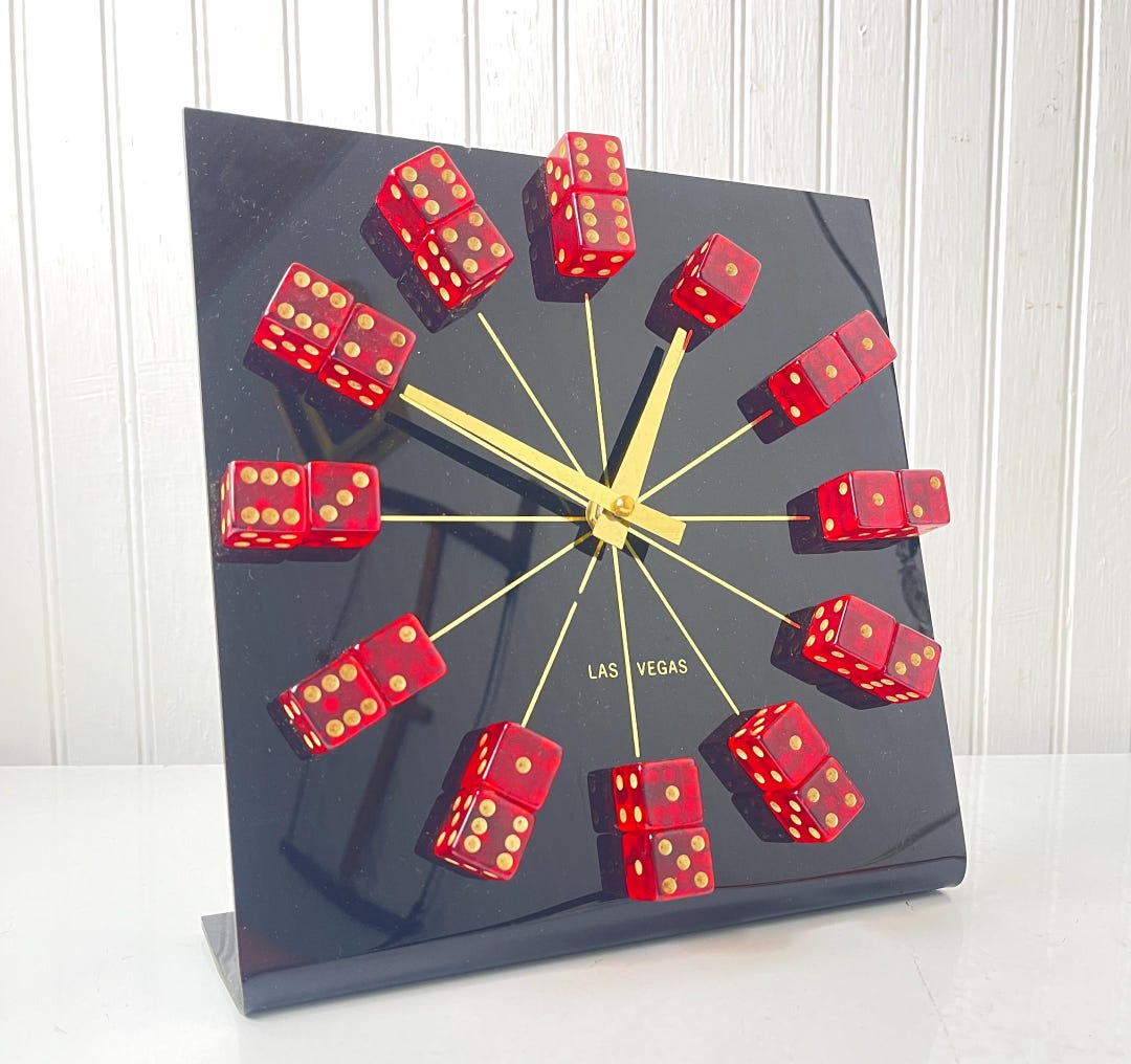 Vintage Las Vegas Dice Clock, Mid Century Clock, Game Room Clock, Red ...