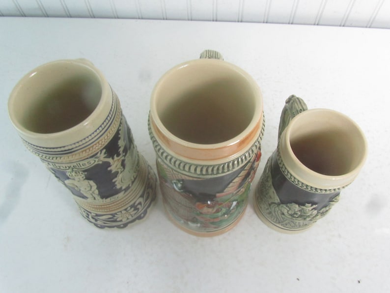 German Beer Stein Collection, Set of Three Steins, German Pottery, Beer ...