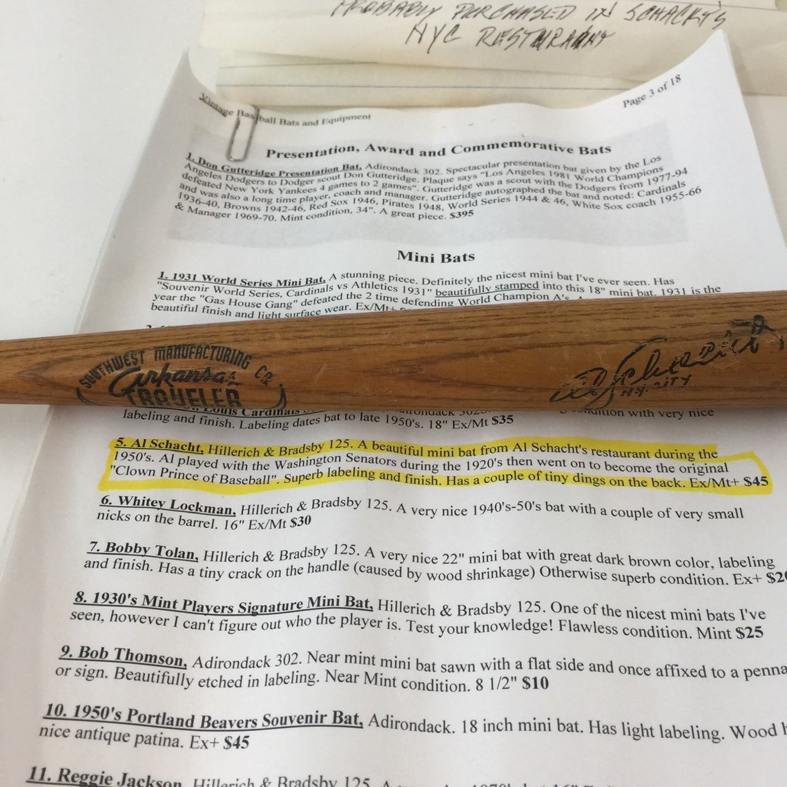 Vintage Advertising Baseball Bat, Al Schacht, Miniature Baseball Bat ...