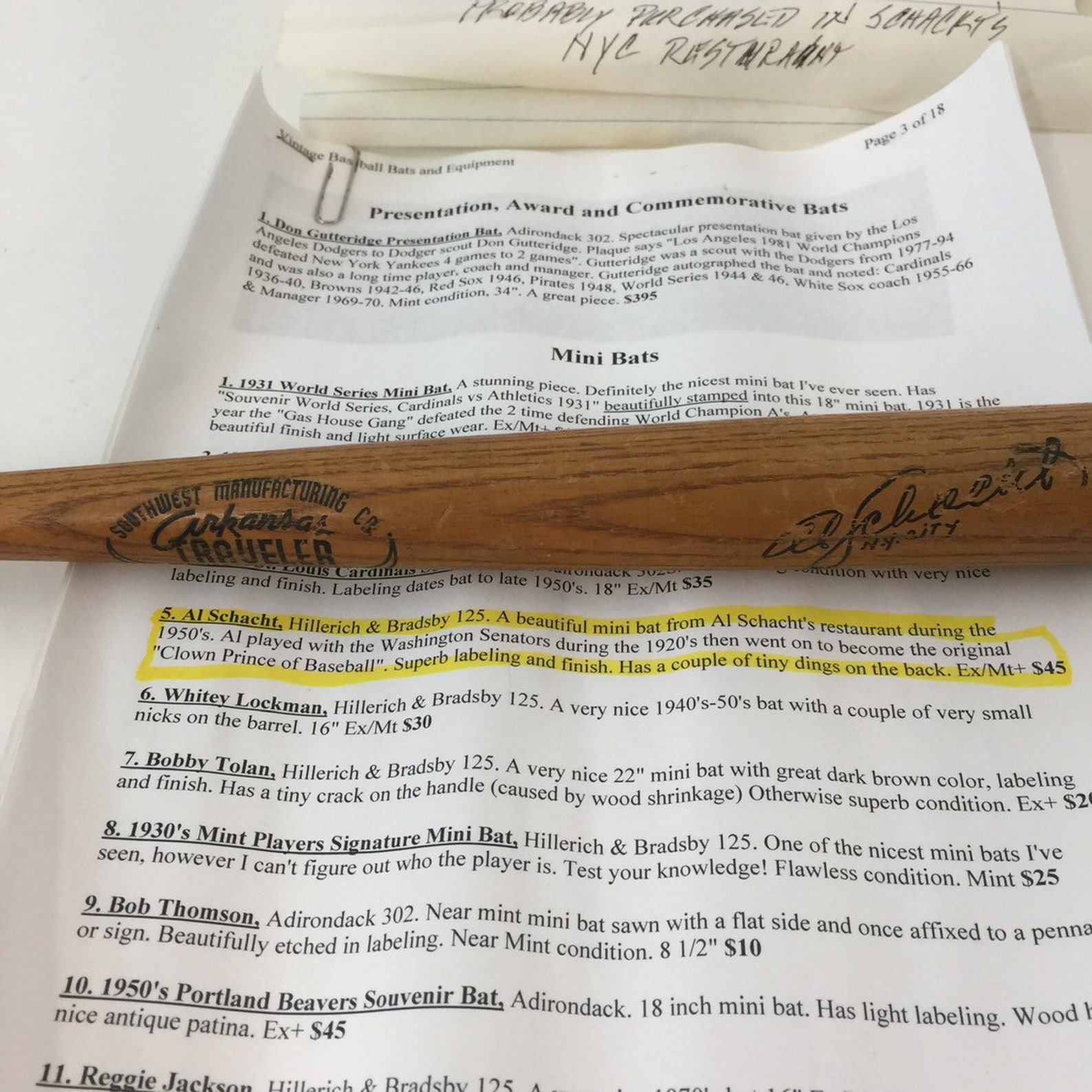 Vintage Advertising Baseball Bat, Al Schacht, Miniature Baseball Bat ...