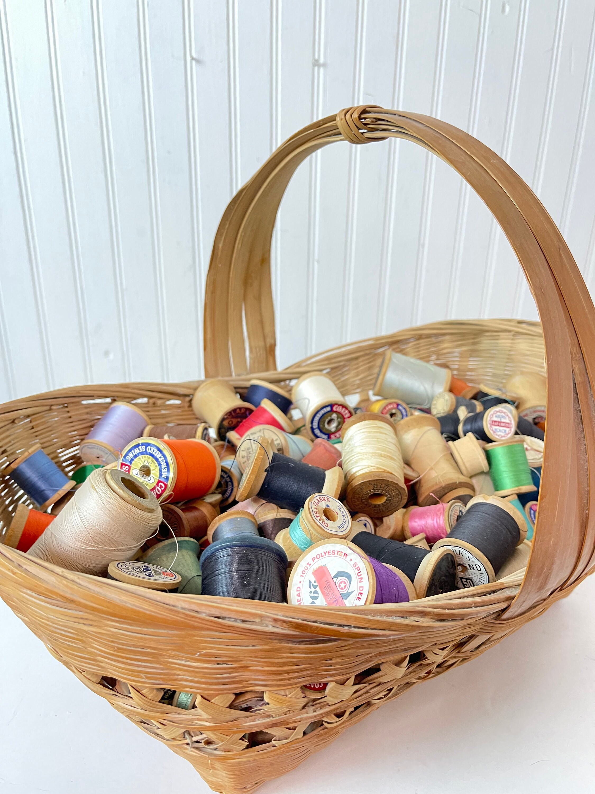 Vintage Sewing Thread Basket Full of Spools of Thread Wood - Etsy
