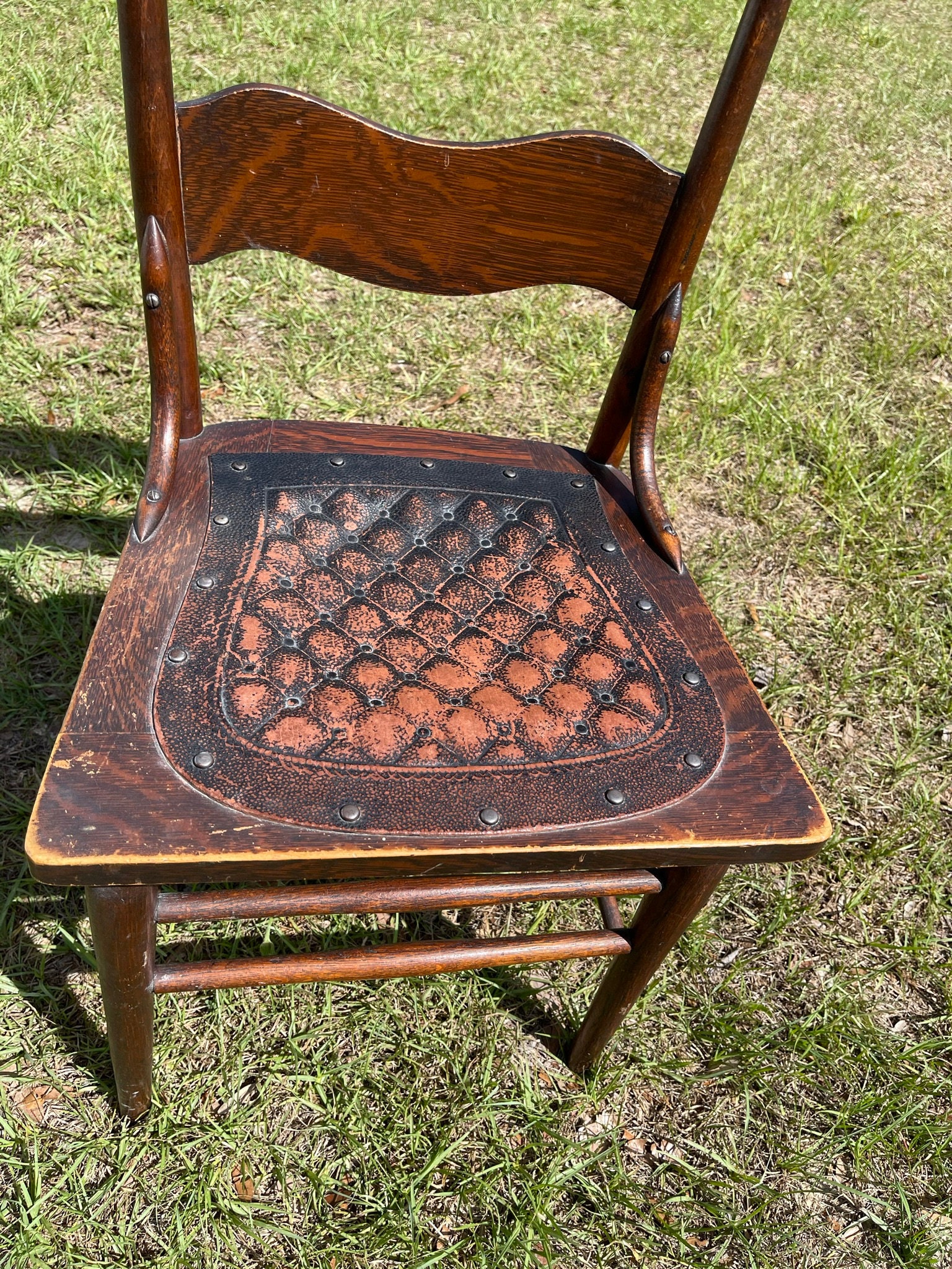 Antique Tiger Oak Chair Leather seat chair Furniture Wood | Etsy