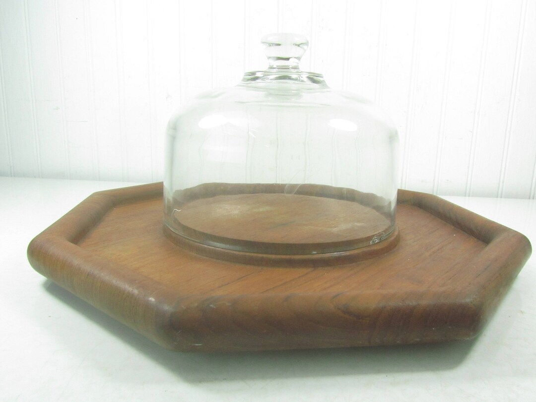 Cheese Plate, Glass Cover, Glass Dome, Genuine Teak, Rustic Modern ...
