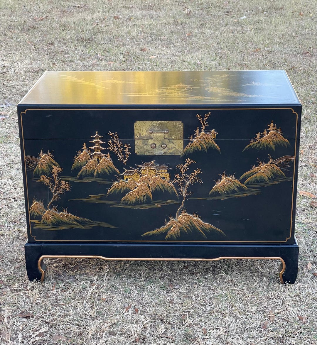 Oriental Chinoiserie Black Lacquer and Gold Pagoda Garden Box, Ming Leg ...
