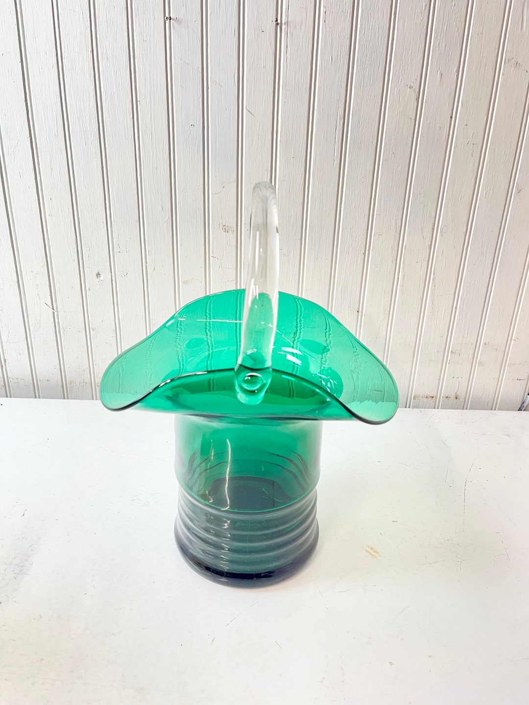 Blenko Glass Vase, Green Glass Basket, Crystal Vase, Made in USA, Glass ...