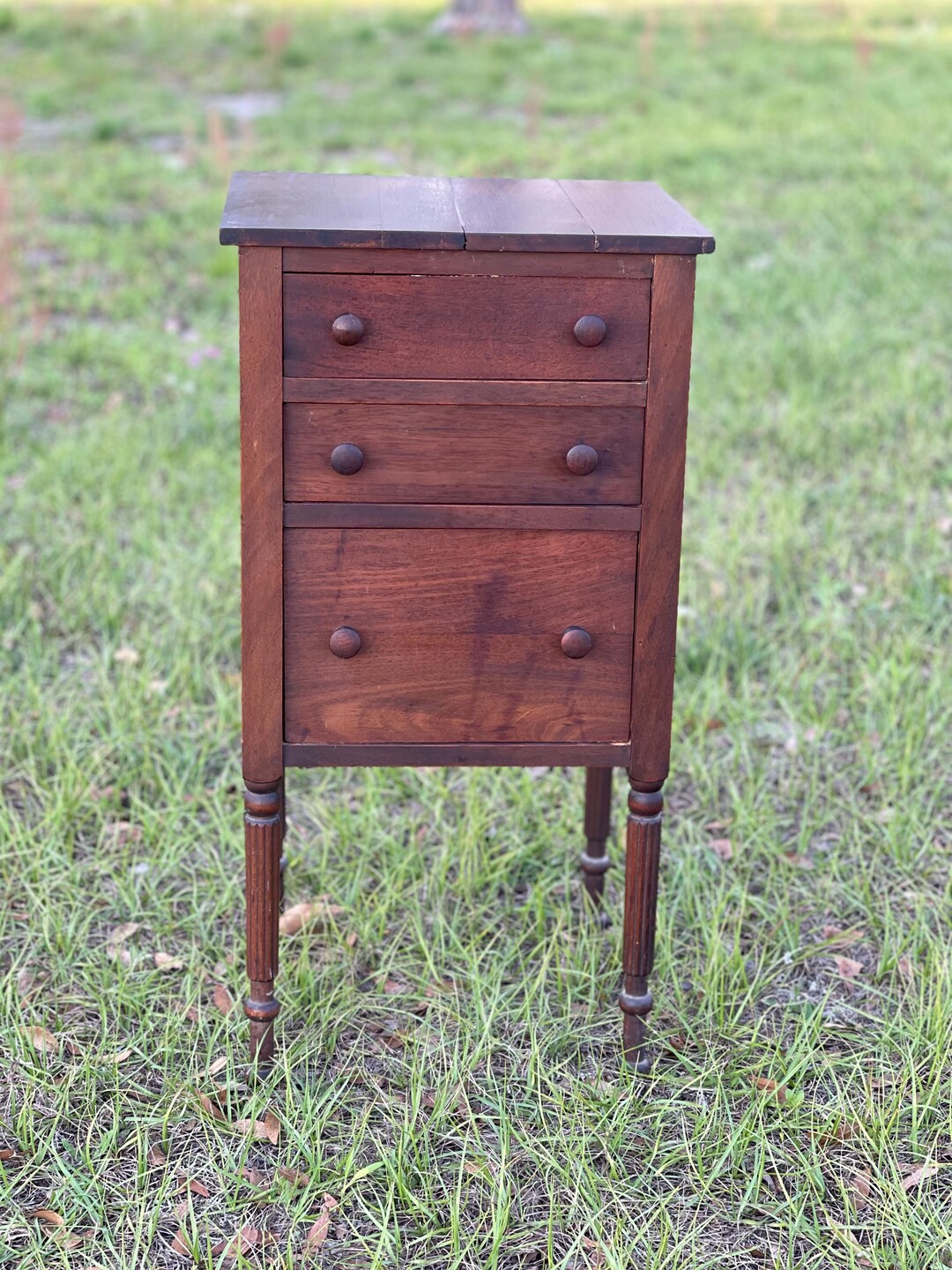 Antique Wood Table, Nightstand, End Table, Three Drawer Side Table ...