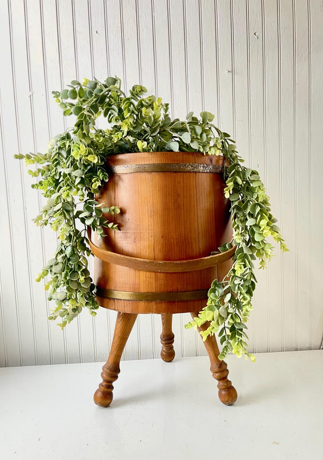 Vintage Sewing Bucket, Wood Bucket, Firkin Basket Planter, Mid Century ...