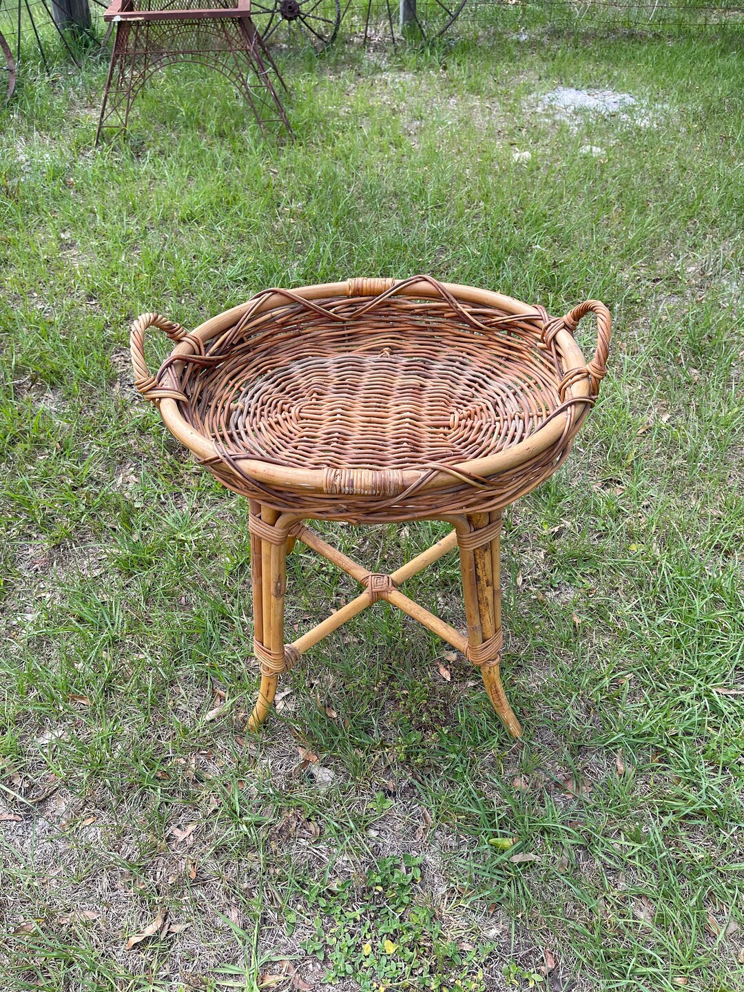 Basket Tray Table, Wicker Serving Tray, Wood and Wicker Table, Bamboo ...