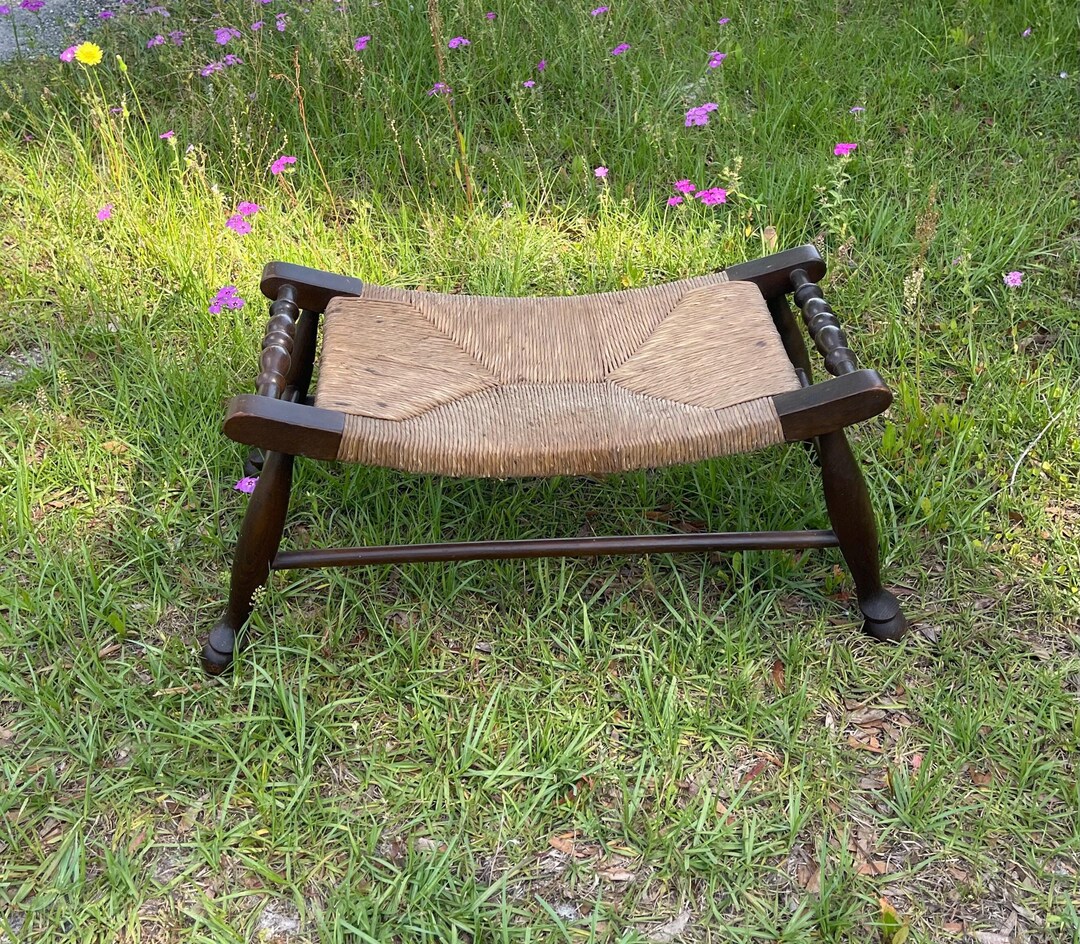 Antique Foot Stool, Wood Rush Top Footstool, English Foot Rest, Solid ...