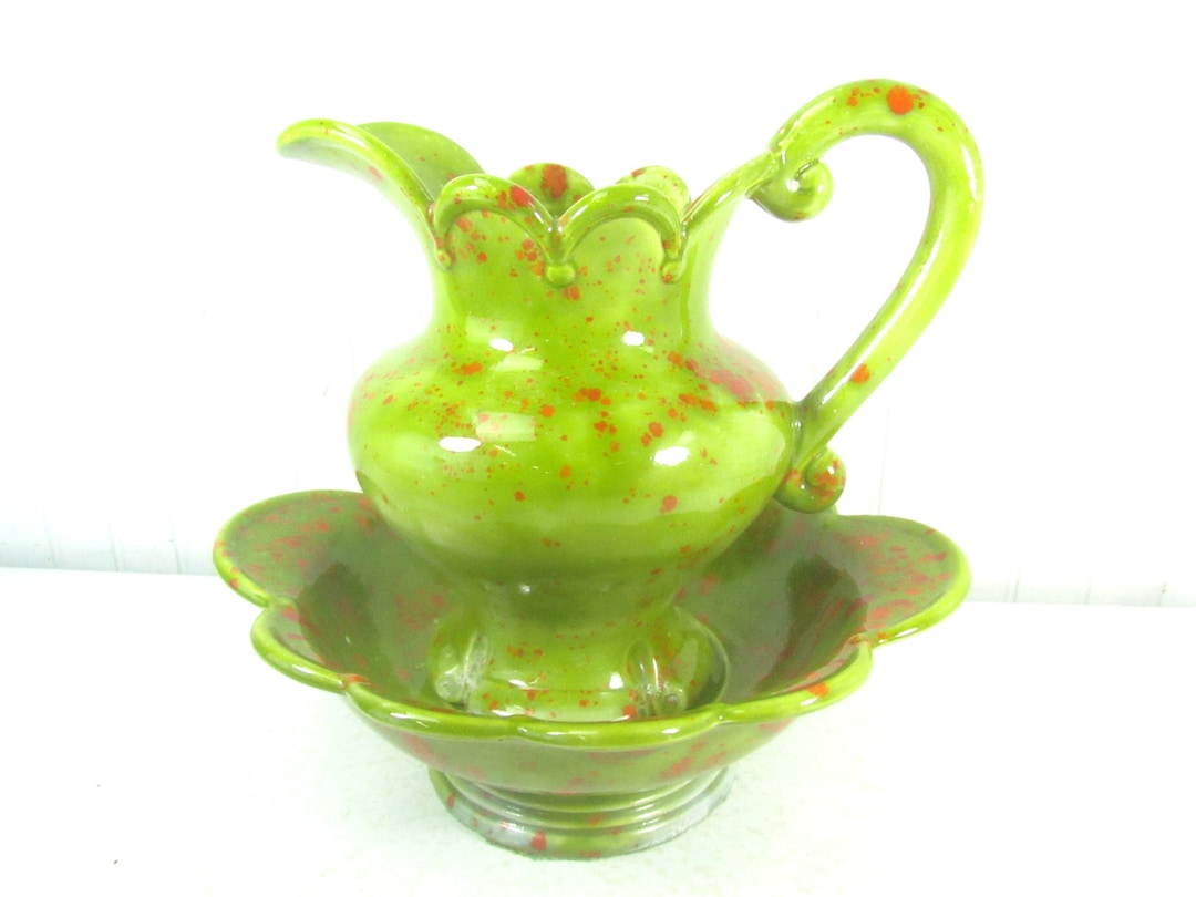 Pitcher and Wash Bowl, Green ,water Pitcher, Shabby Chic Decor ...