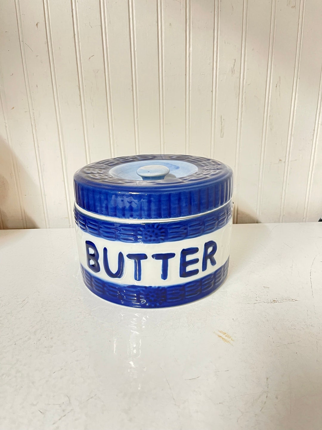 Vintage Butter Crock, Blue Pottery Crock, Butter Bell Pottery ...