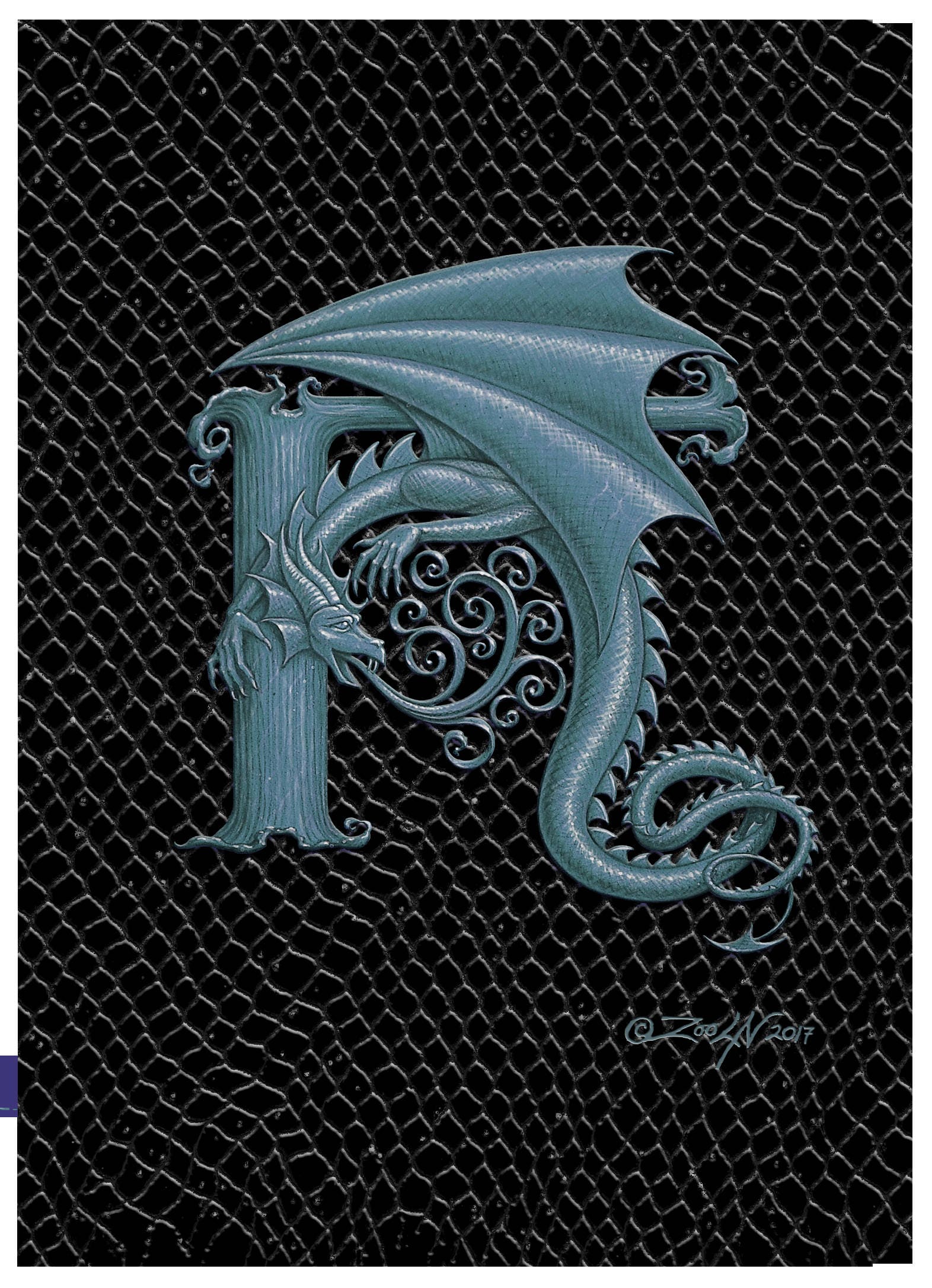 Dragon Letter hart Print, an Ornate Fantasy Monogram From the ...