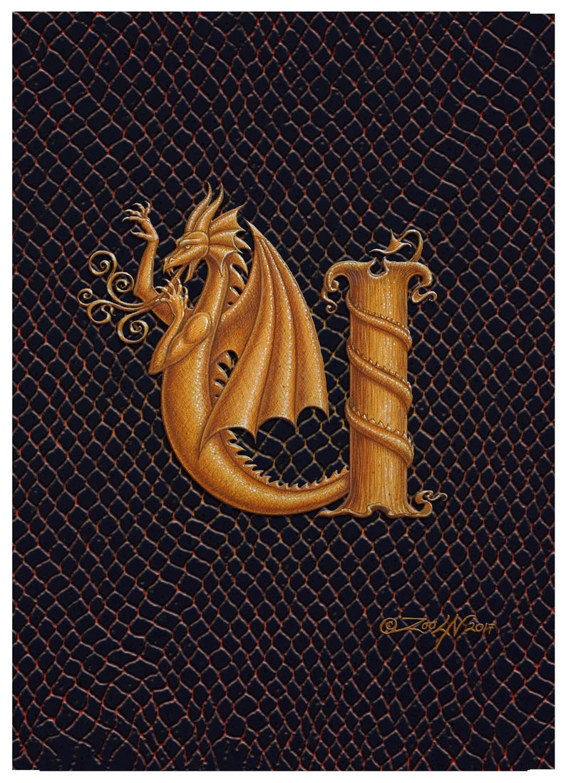 Dragon Letter uart Print, an Ornate Fantasy Monogram From the ...