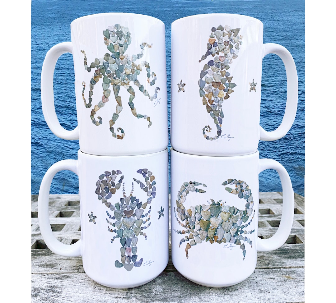 Sea Life Mugs, Coastal Mug Set, Beach Mug Set, Seahorse Mug, Crab Mug ...